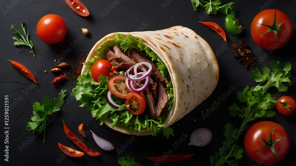 Doner kebab, close up, fine dining dish with meat, tomatos, space on a ...