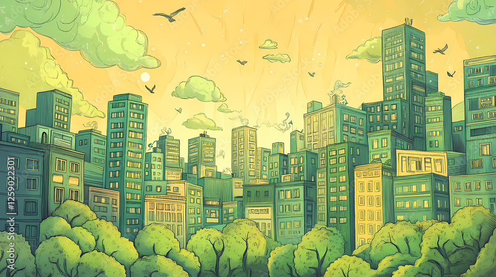 Child drawing outlines green cities and sustainable living. Gravity ...