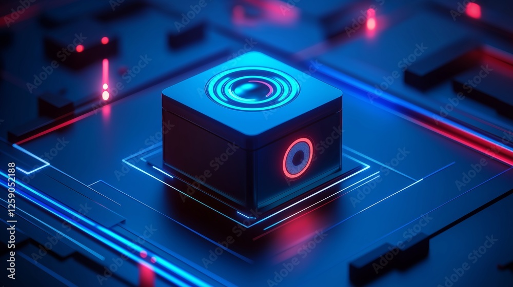 Futuristic AI-powered security system with glowing blue and red lights ...