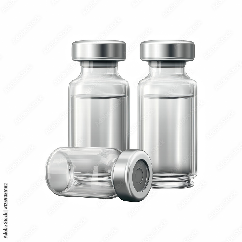 Sterile glass vials with clear liquid for medical use, isolated on ...