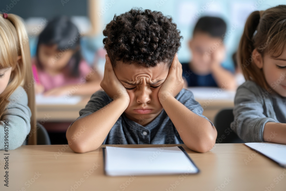 Sad, tired, disappointed, frustrated boy sits with his hands covering ...