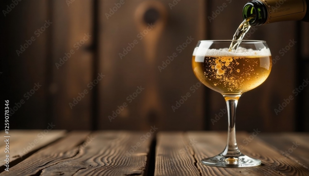 Bubbly champagne flowing into a fine crystal flute on a rustic wooden ...