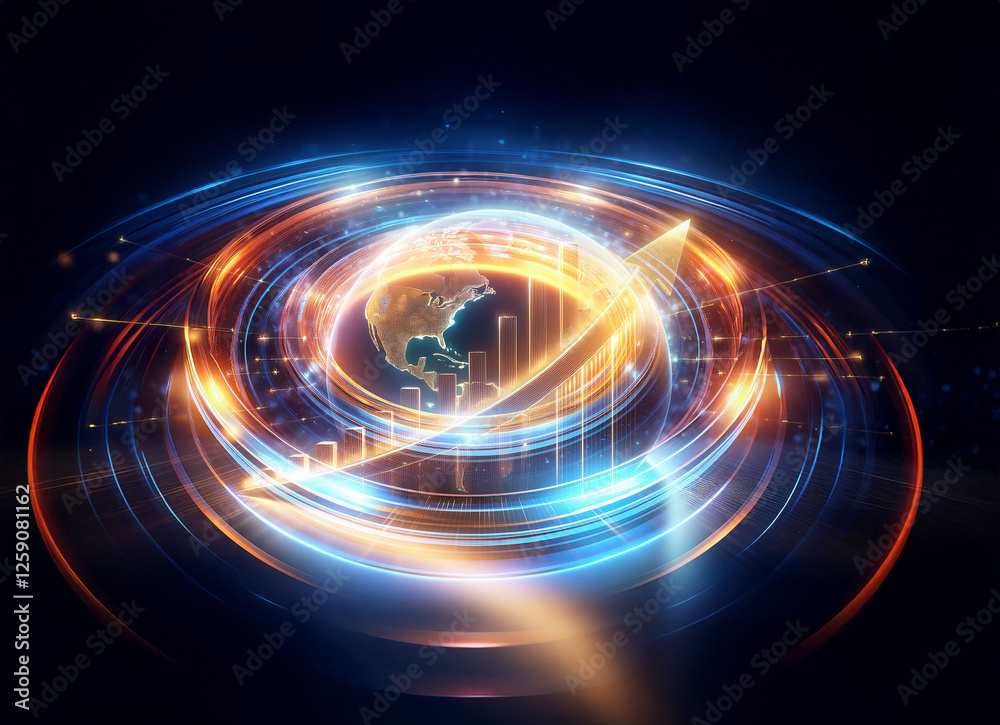 Double exposure image featuring a globe overlaid with bar charts ...