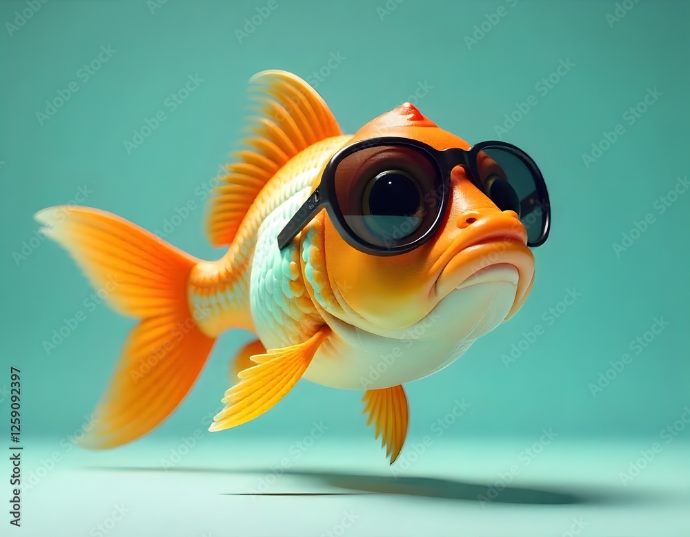 Funny Goldfish Wearing Sunglasses Cartoon Illustration on Light Blue ...