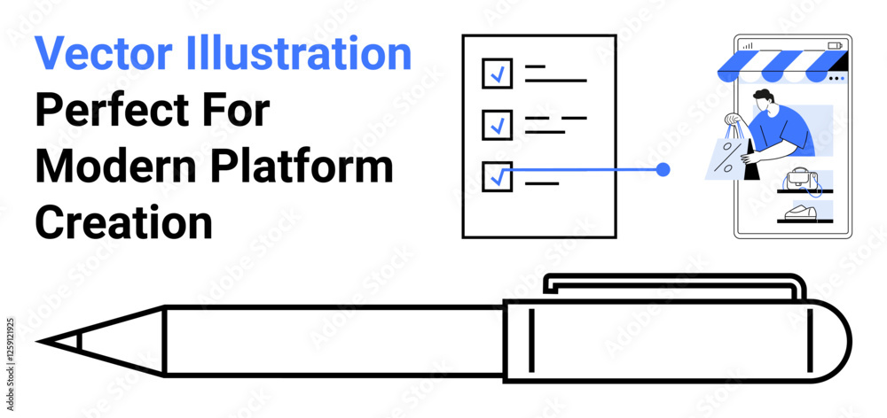 Task checklist, e-commerce interface, and pen symbolizing productivity ...