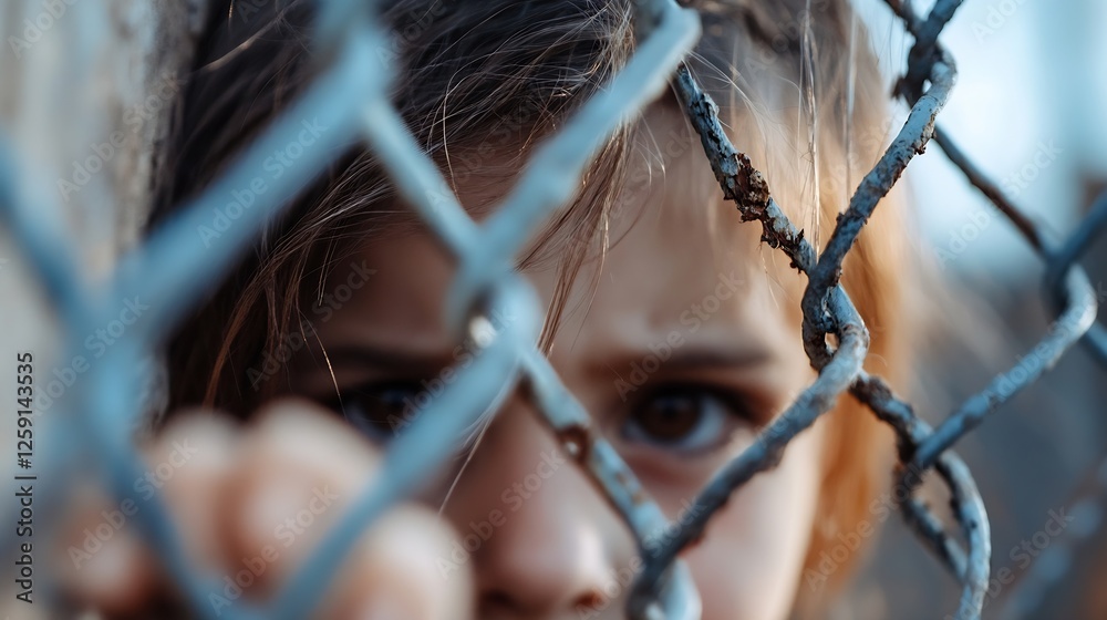Emotional Close Up of a Young Girl's Face Behind a Chain Link Fence ...