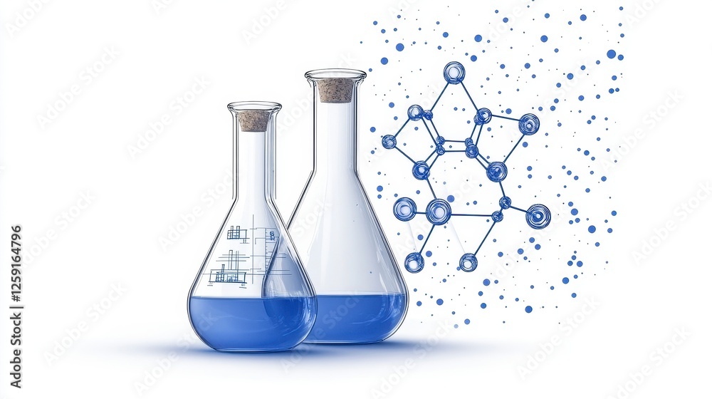 Blue Liquid in Erlenmeyer Flasks with Molecule Structure Stock Photo ...