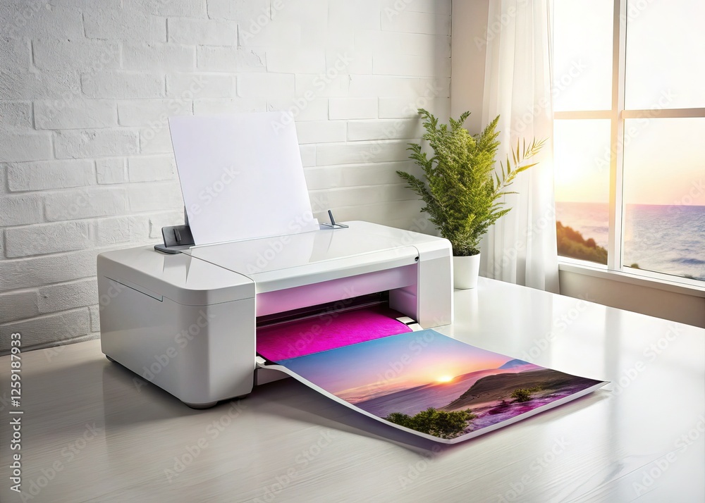 Pink and purple photo printed on white printer, desk ready. Stock ...