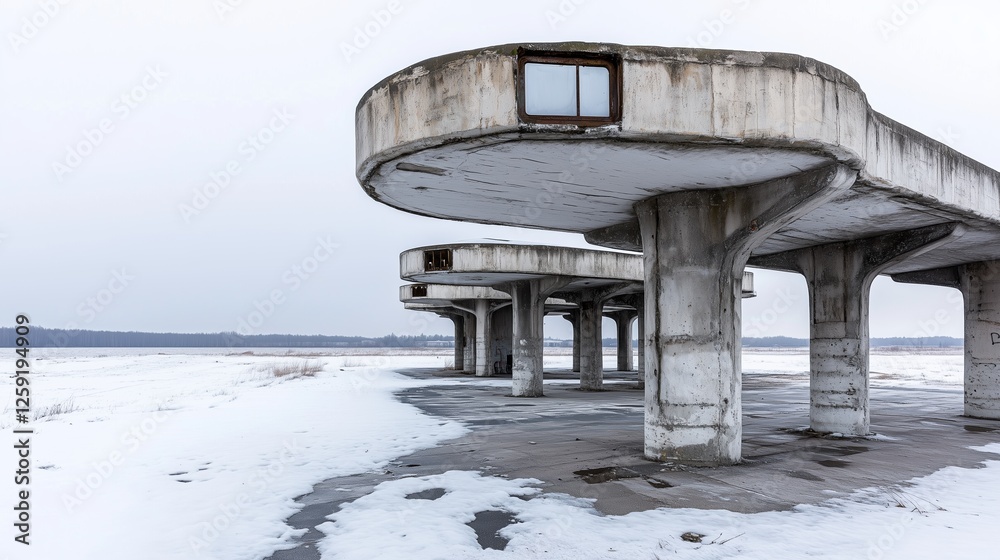 Brutalist architecture of an abandoned Soviet era bus station sits ...