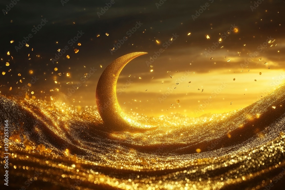 Outdoor photo of luxury golden ramadan crescent moon with gold ...