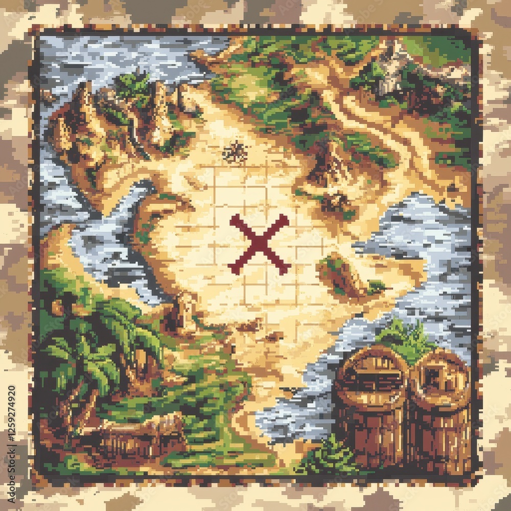 Pixel Art Ancient Treasure Map with Markings and Details Stock ...
