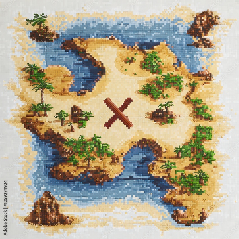Pixel Art Ancient Treasure Map with Markings and Natural Elements Stock ...