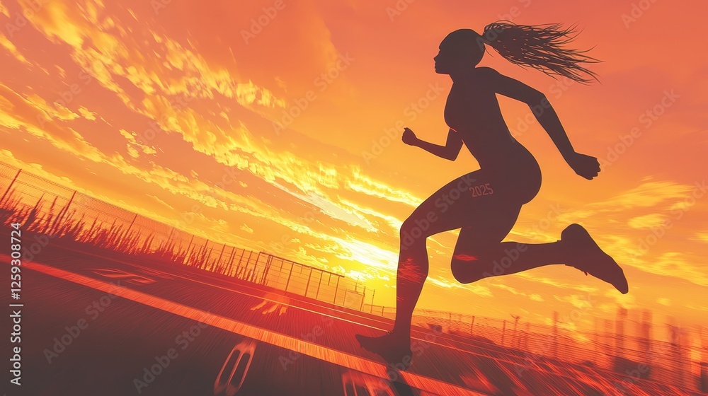Silhouette of a female sprinter ready to dash, dramatic sunset casting ...