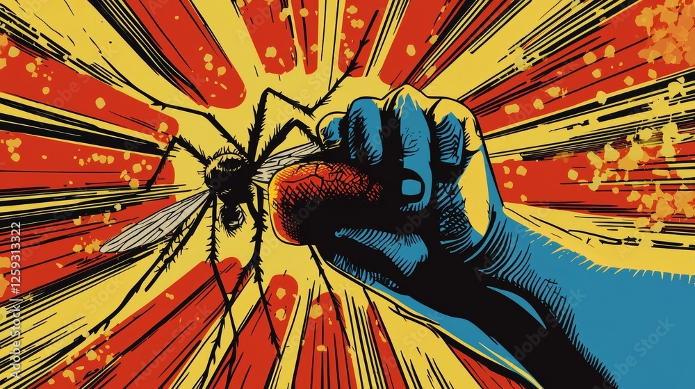 Pop art-style graphic of a hand scratching a mosquito bite, bold lines ...