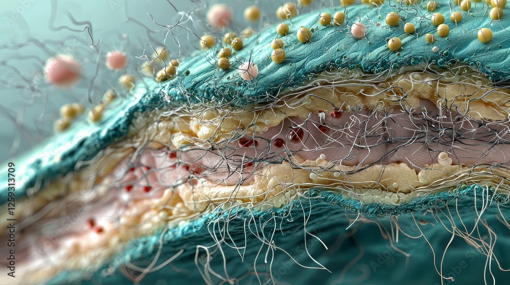 Digital medical illustration of skin layers showing histamine reaction ...