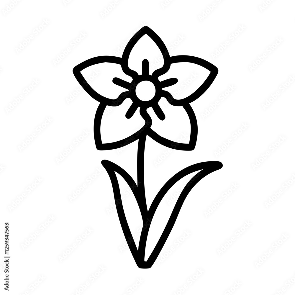 Daffodil flower icon in black outline with five petals and leaves ...