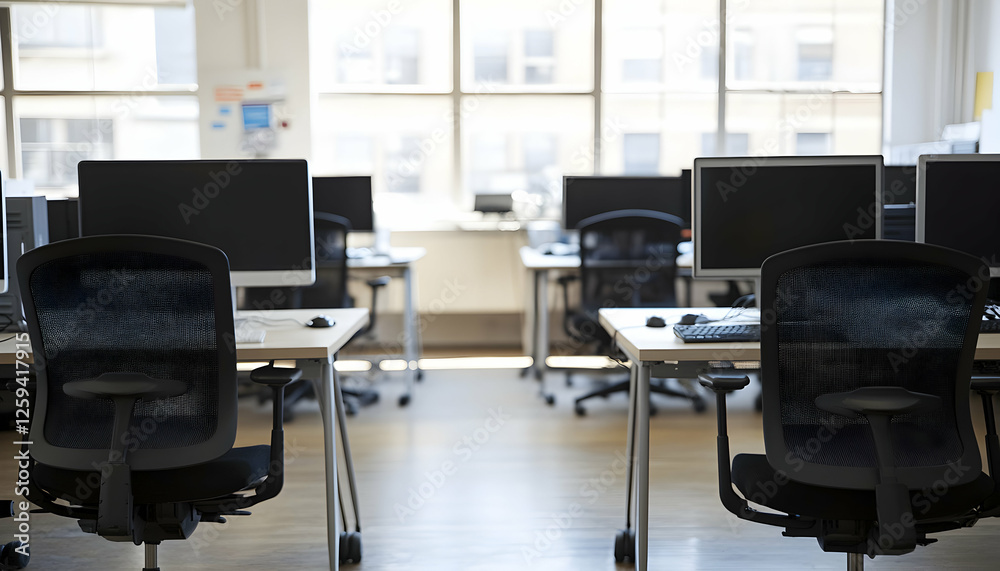 Empty computer lab with modern desks and chairs, bright windows and ...