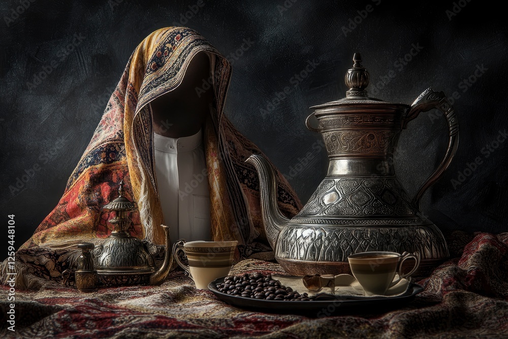 Teko kopi tradisional Arab. Saudi Coffee Dallah, A still life of Saudi ...