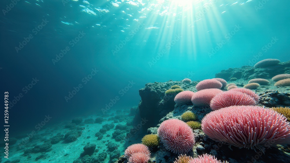 Vibrant coral reef underwater showing early stages of coral bleaching ...