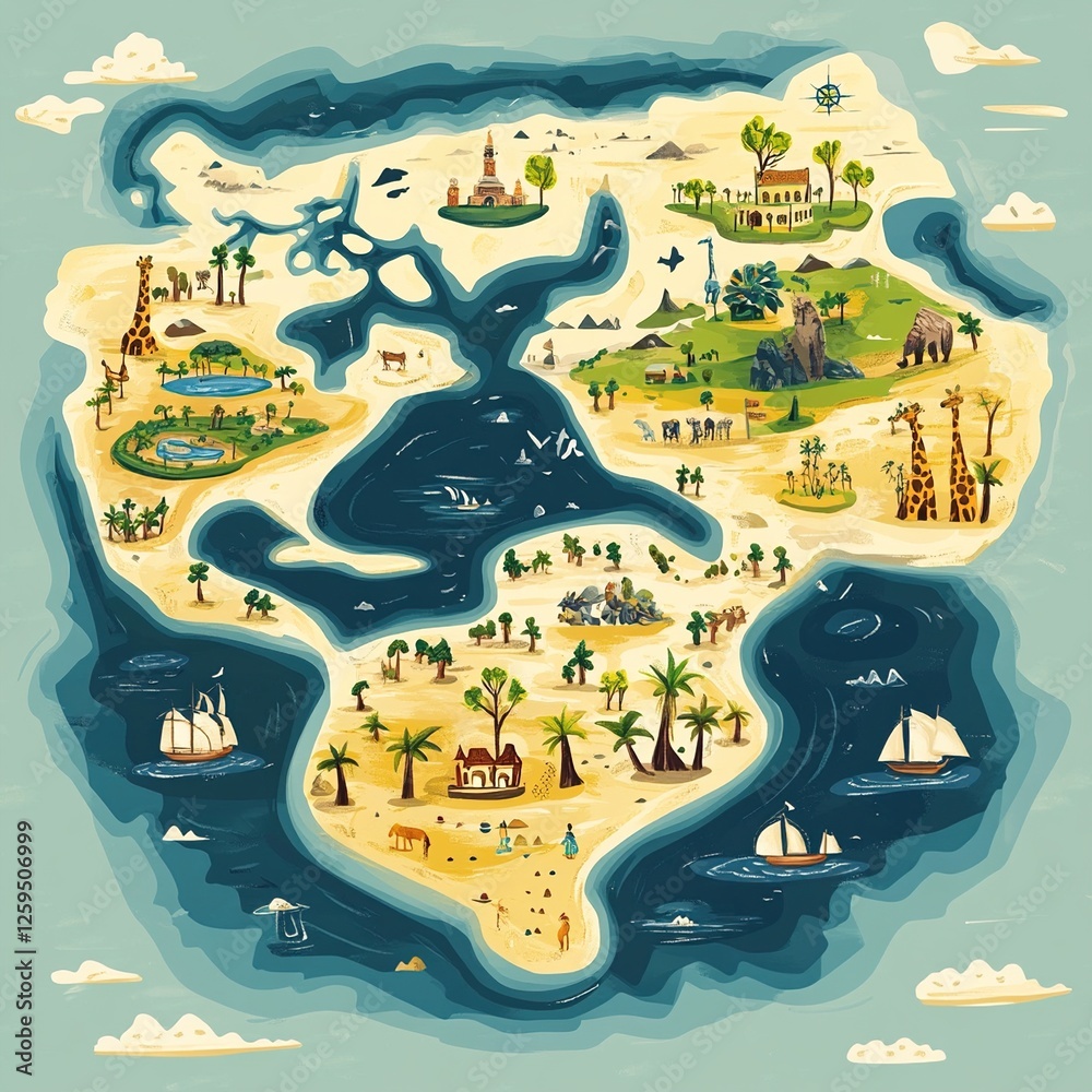 Whimsical illustrated map of an island with diverse wildlife and ...