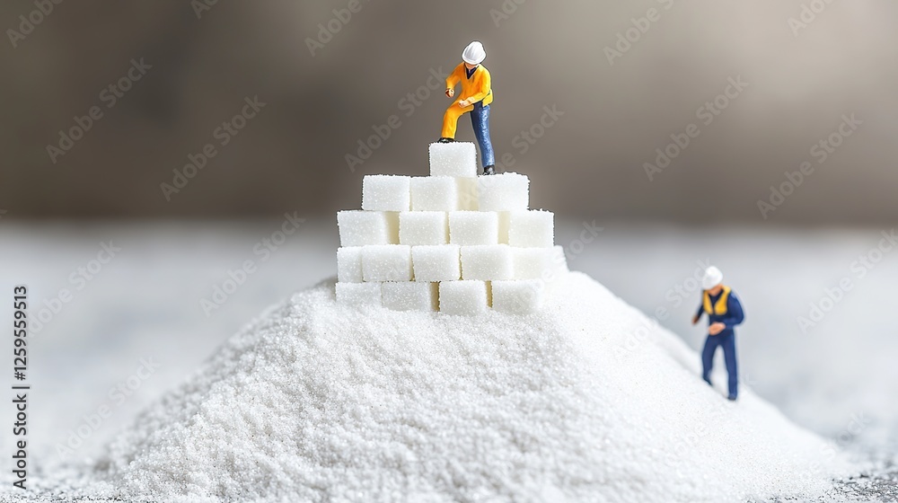 Miniature workers building sugar cube pyramid on powdered sugar pile ...