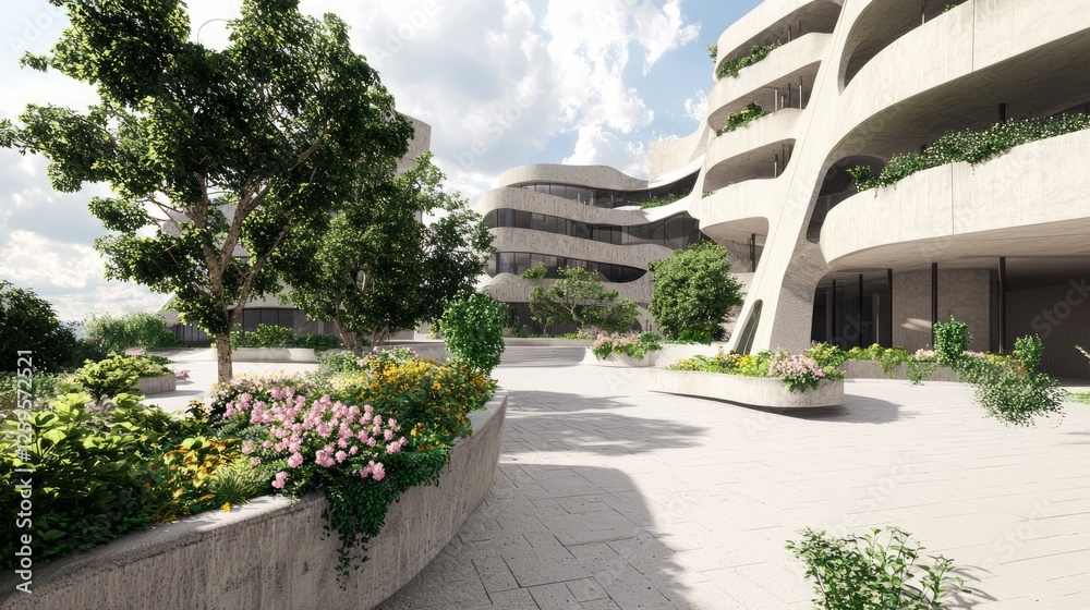 Bloomed Brutalism: Modern Office Complex with Seasonal Floral Accents ...
