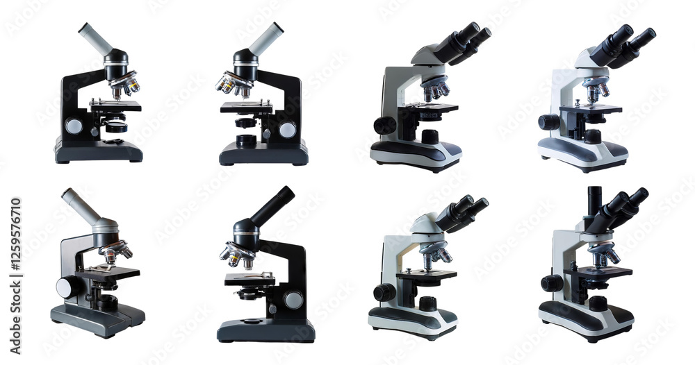 Collection of Eight Laboratory Microscopes in Various Angles and Colors ...