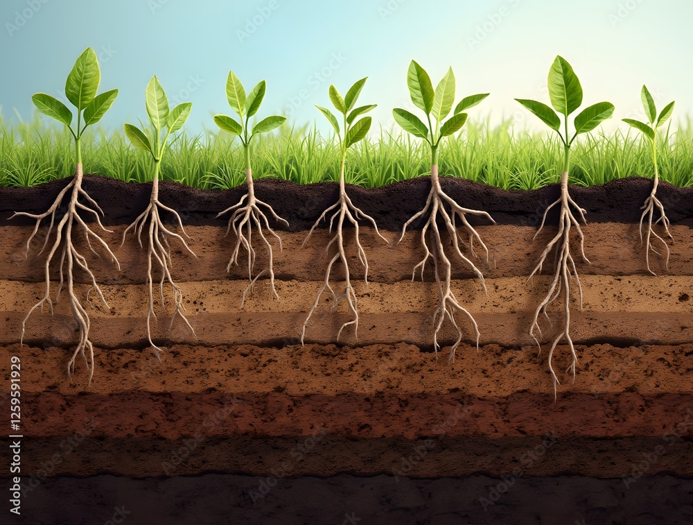 Panorama of soil layers cross section. Roots penetrate various soil ...
