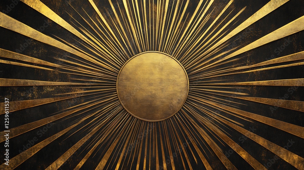 Golden rays dramatically radiate from a textured circular center ...