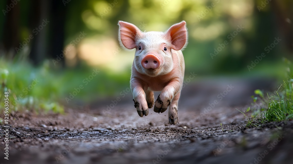 Pig with a white spot on its face running down a dirt road Stock Photo ...