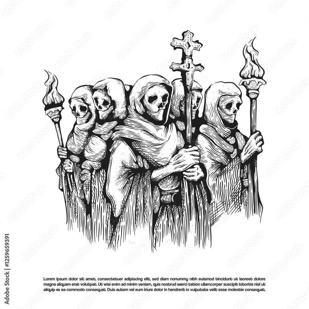 Vintage dark art group of skeleton figures dressed in hooded robes ...