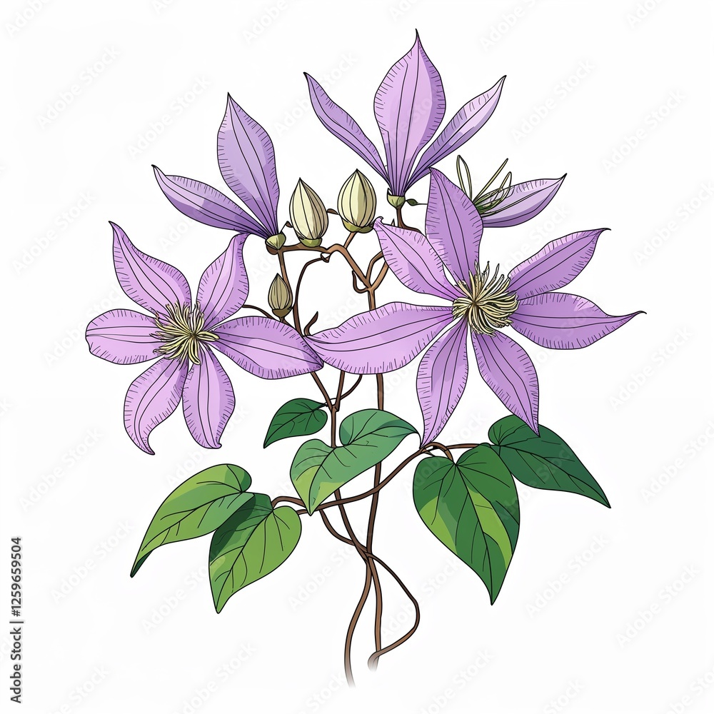 Clematis plant cartoon illustration on plain white background Stock ...