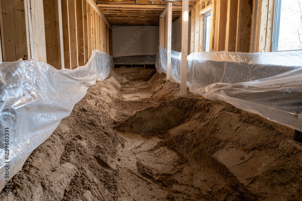 Damp crawl space before encapsulation, exposed dirt floor with moisture ...
