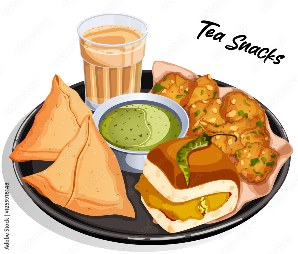 Masala Chai Accompanied by Samosa, Pakoras and Vada Pav with Green ...