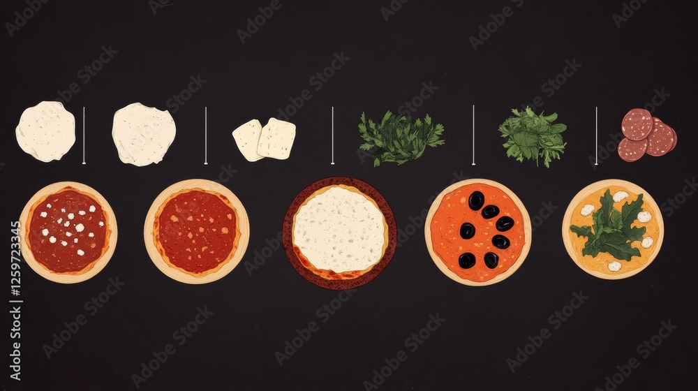 Pizza preparation stages timeline, flat vector circles, brown crust ...