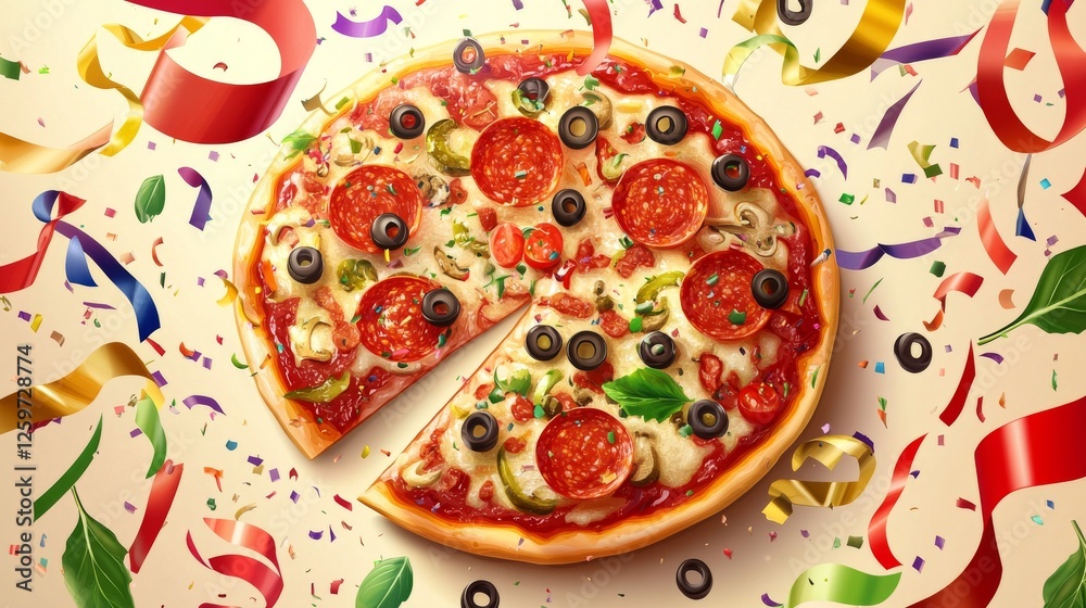 Festive pizza illustration, colorful confetti explosion, salami ...