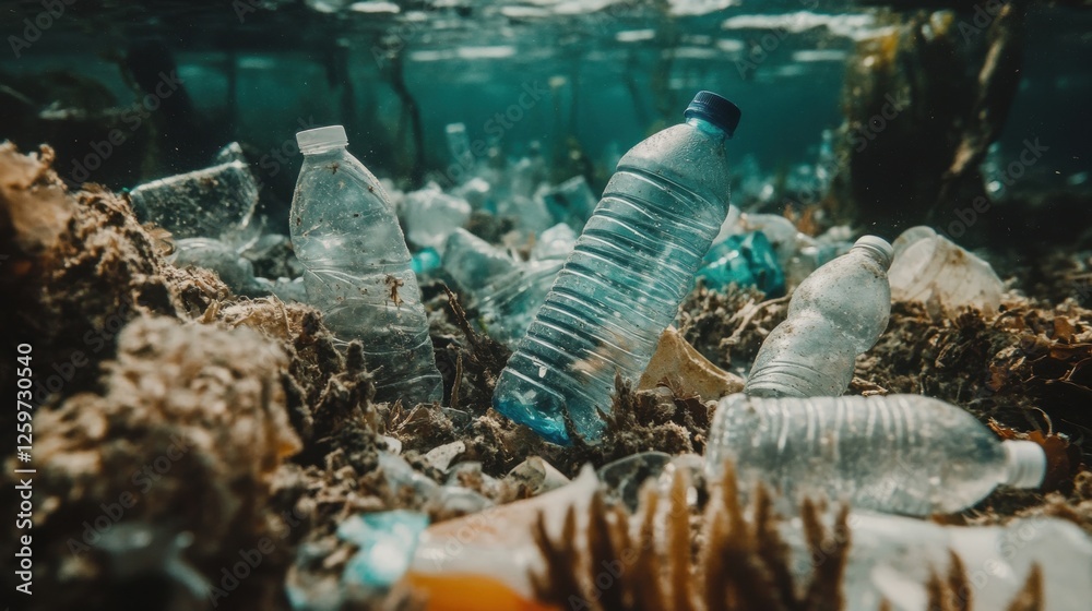 Underwater Scene Depicting Plastic Pollution with Bottles in a Marine ...