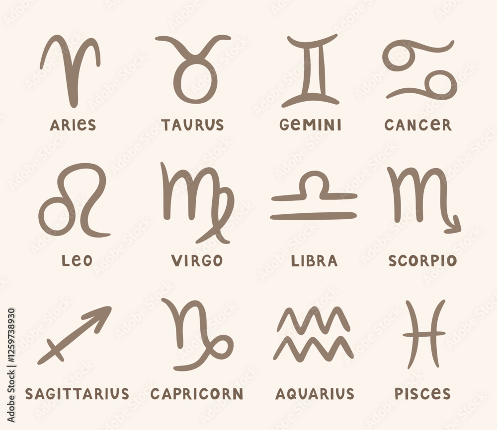 Zodiac signs. Hand-drawn vector Astrology symbols and names. Icons set ...