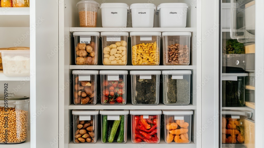 Organized pantry featuring various labeled containers filled with ...