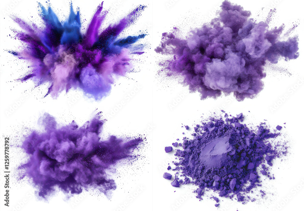 Purple powder explosion on white background, showcasing vibrant hues ...