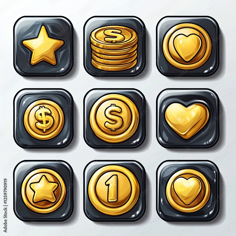 Set of mobile game assets with gold coin icons, dollar signs, stars ...