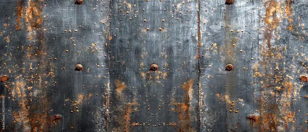 Distressed, weathered steel panel with heavily corroded finish and ...