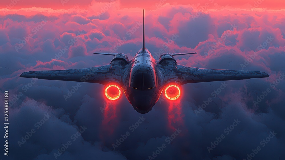 VTOL aircraft concept. A sleek jet descends through vibrant clouds at ...