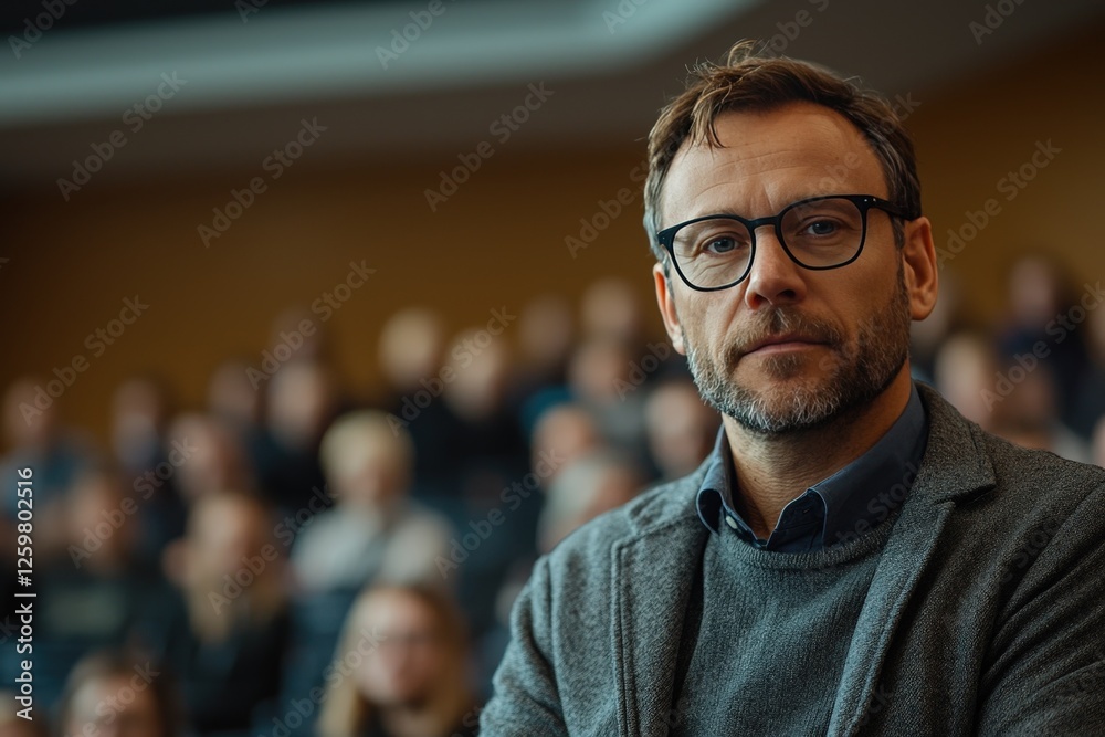 Lecturer gives an educational lecture he has deep knowledge in his ...