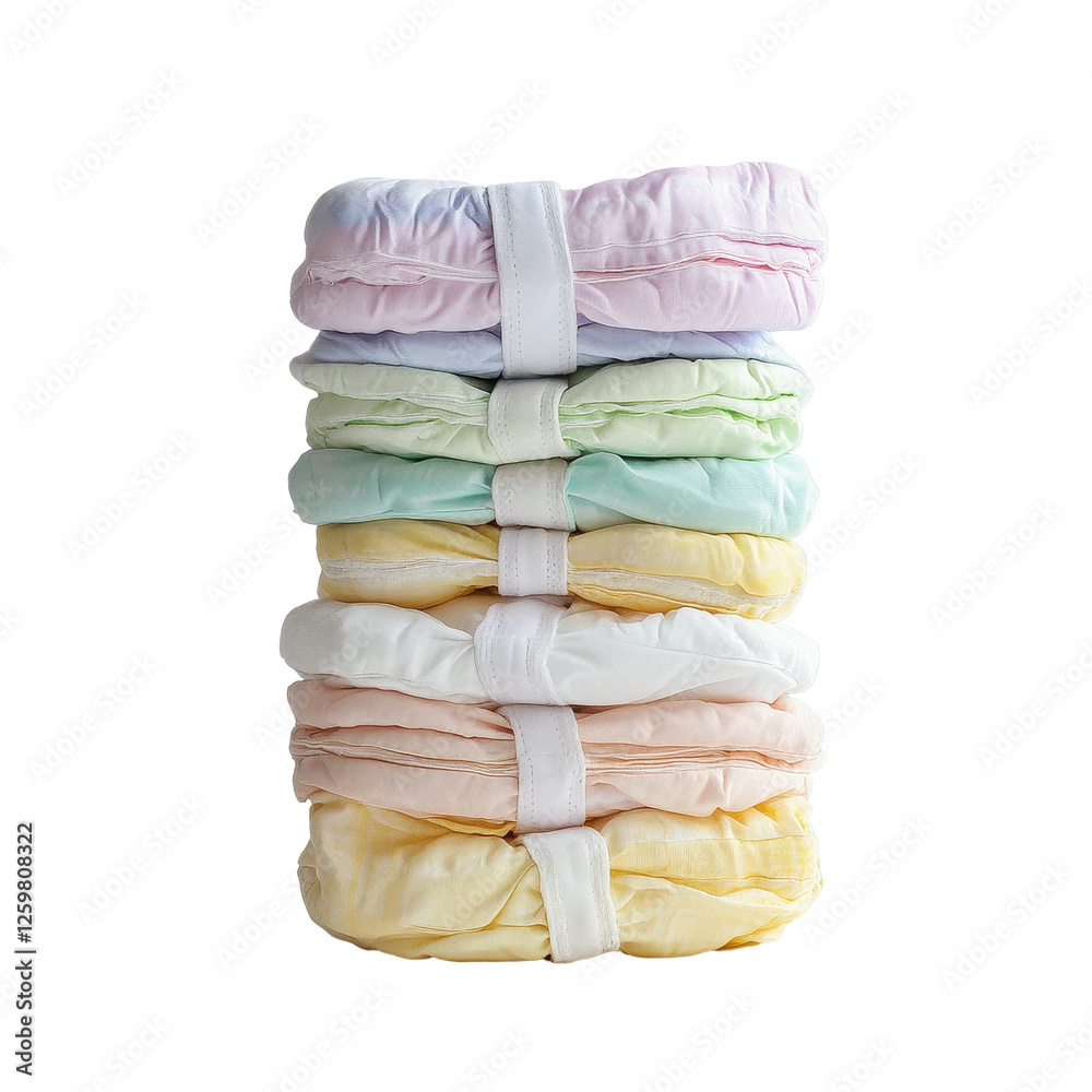 Variety of stacked classic diapers in pastel colors for childrens ...