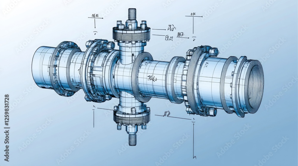 Industrial system drawing of a valve with measurements on a cool blue ...