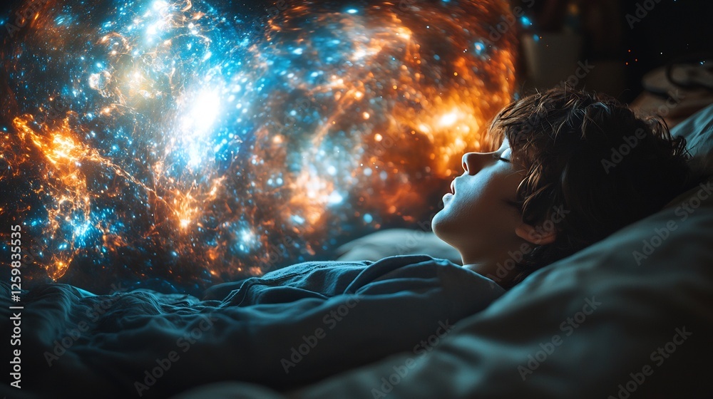 Split screen view of a sleeping figure dreaming and their astral form ...