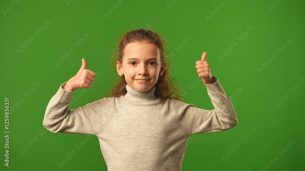 Little girl child looks at camera and shows thumb up hand sign, positive expression, isolated on ...