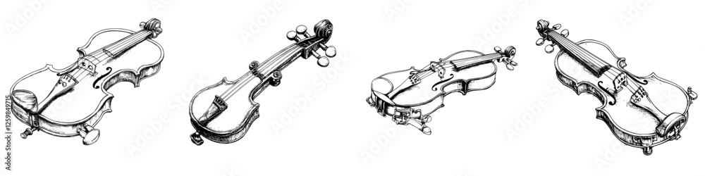 Collection of detailed sketches of violins showcasing different angles ...
