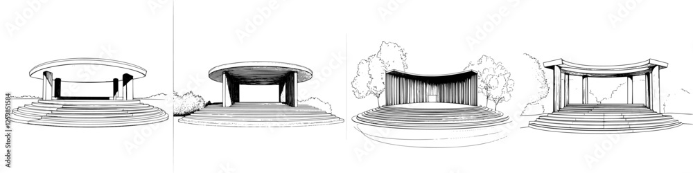 Hand-drawn vector illustrations of various outdoor stages in a park ...